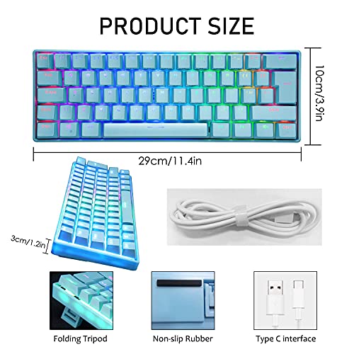 60% Mechanical Gaming Keyboard Mini Portable with RGB Backlit Full Anti-Ghosting 61 Key Ergonomic Metal Plate Wired Type-C USB Waterproof for Typist Laptop PC Mac Gamer(Blue Keycap/Blue Switch)