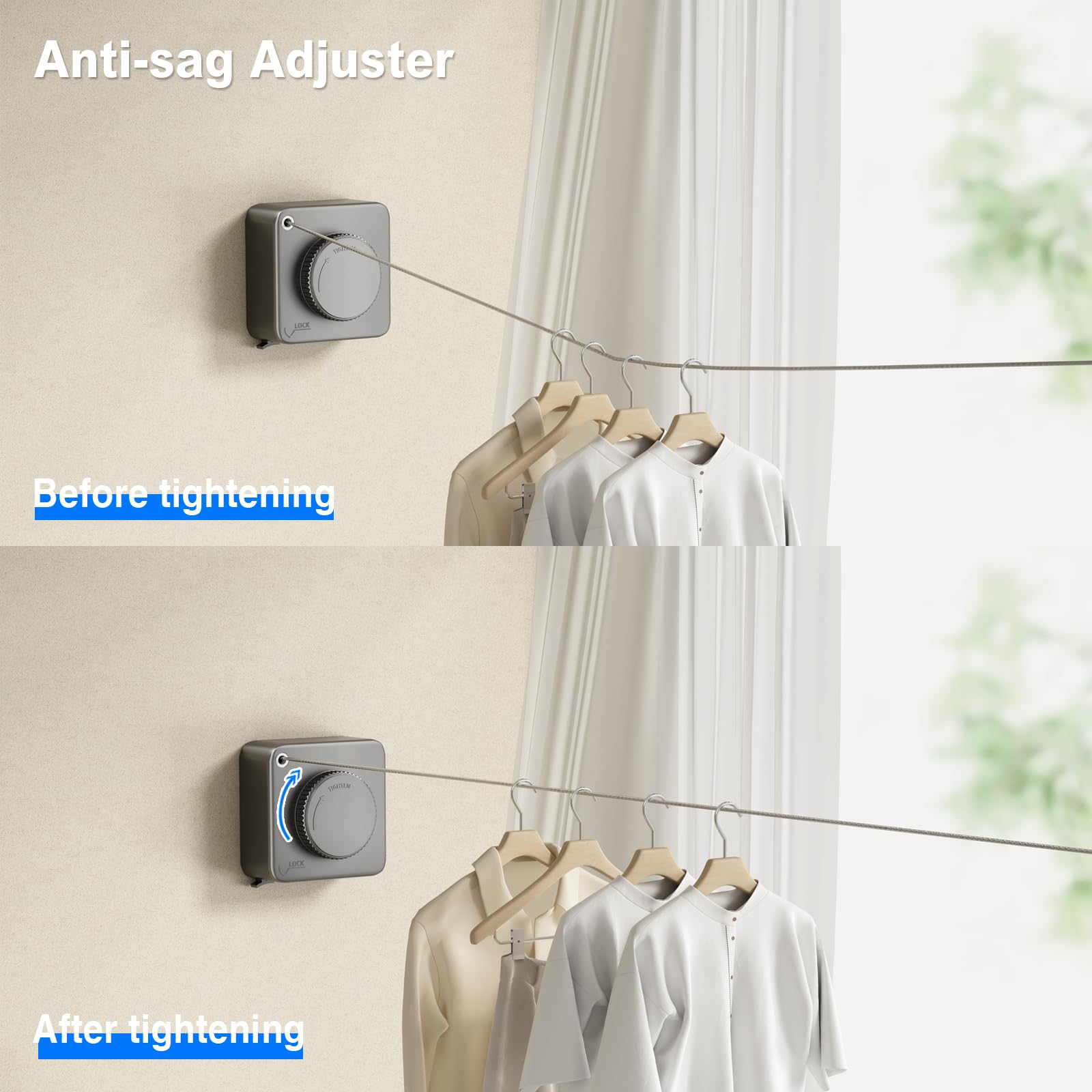 MUSTORN Retractable Clothesline Indoor, Non-Sagging Outdoor Clothes Line Retracting Heavy Duty Clothes Drying Laundry Line Wall Mounted Stainless Steel Line-15.1 Feets(Square-Grey)