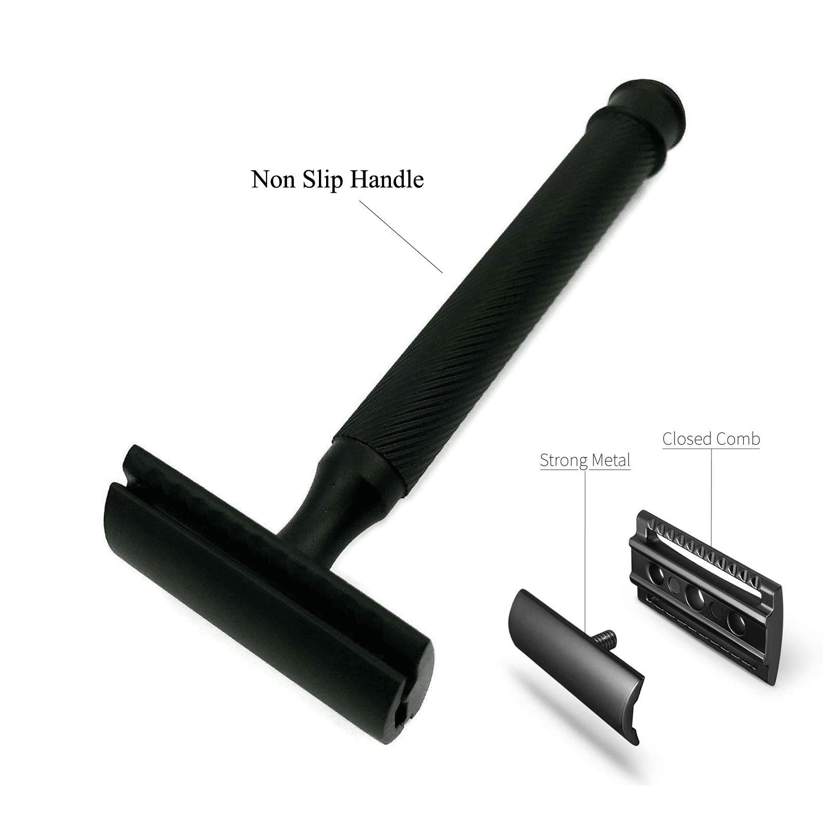 Krisp Beauty Stainless Steel Long Handle Black Safety Razor for Men - Double Edge Razor - Fits All Double Edge Razor Blades - Comes With 5 Shaving Blades