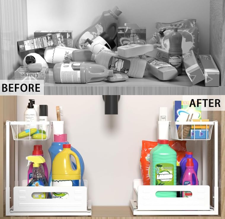 Alphyse Under Sink Organizers and Storage,2-Tier Metal Pull Out Under Sink Organizer,Multi-Purpose Slide Out Under Sink Storage for Kitchen Office Living Room Bathroom(White)