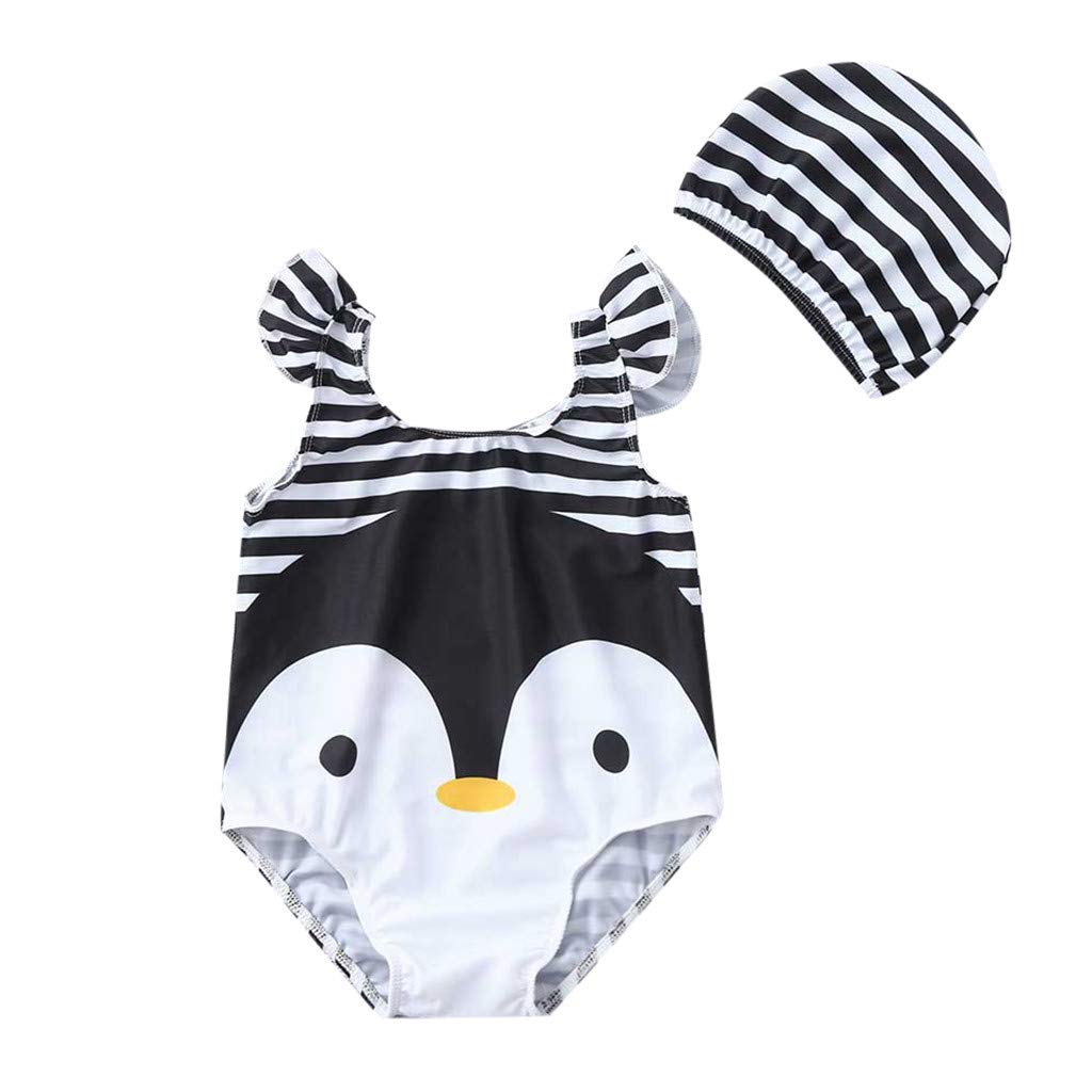 Kehen- Kid Swinsuit Toddler Baby Boy Girl Swimwear 2pc Penguins Print Beach Romper + Hat Outfit Black 6-12 Months