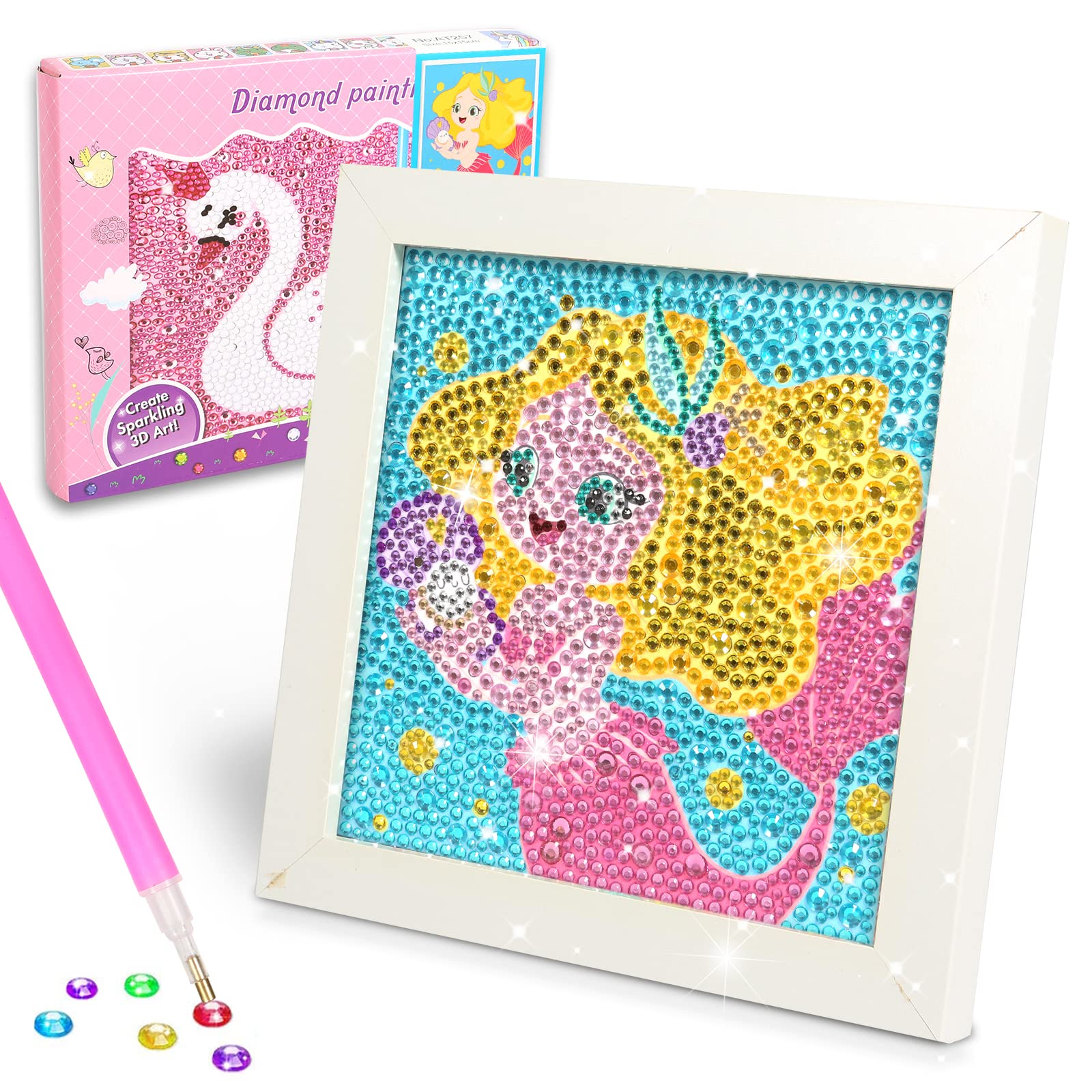 PanLynner Diamond Painting Kits for Kids with Wooden Frame, Gem Arts and Crafts for Kids Paint by Numbers as Toys, Home Wall Decoration, Gifts for Girls Boys Ages 6-8-10-12-14 (Blue Mermaid)