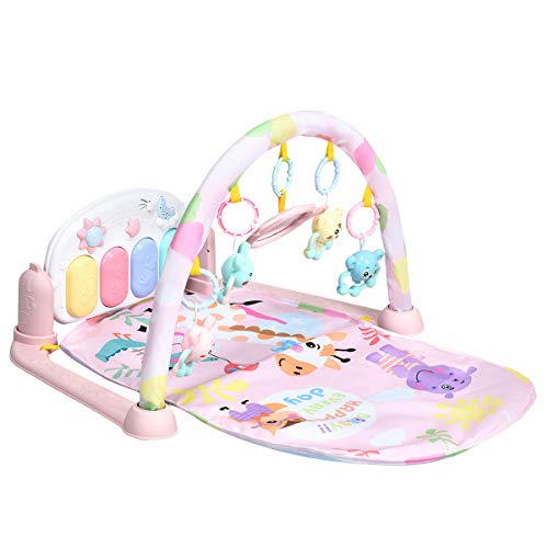 HONEY JOY Baby Play Mat, Kick & Play Piano Tummy Time Gym Fitness Playmat, 4 Rattle Pendants and 1 Mirror, Newborn Deluxe Music Activity Center for Toddler Infants (Pink)