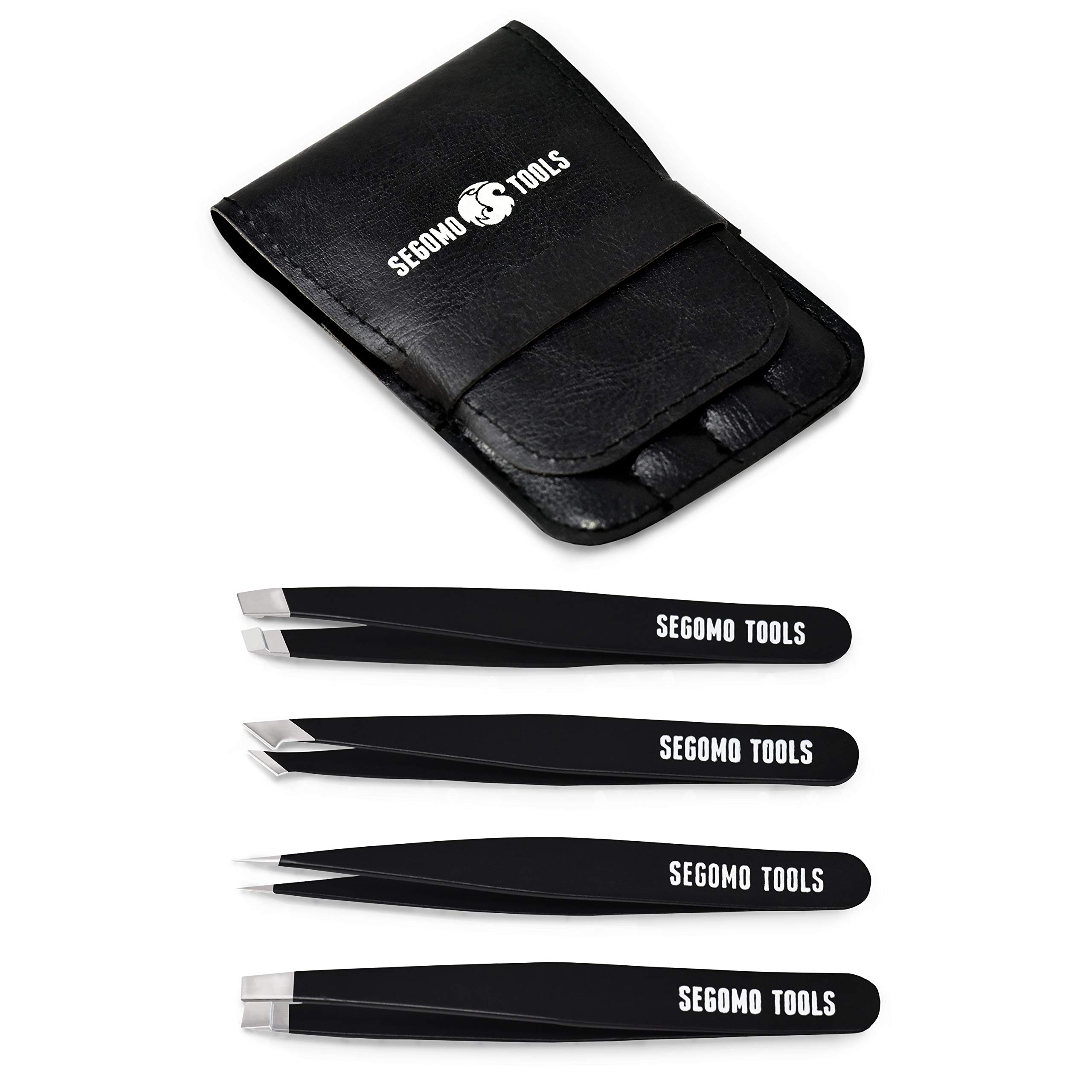Segomo Tools 4 Piece Tweezer Set - Tweezers For Women - Ingrown Hair Removal Kit - Eyebrow Plucker - Precision Tweezers - Flat, Angled, Slant & Pointed Tweezers - TW004