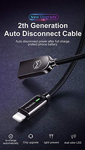 mcdodo Power Off/On Smart LED Auto Disconnect and Auto Recharge Nylon Braided Sync Charge USB Data 6FT/1.8M Cable Compatible with Phone 14/13/12/11 Pro Max List Below (Black, 6FT/1.8M)