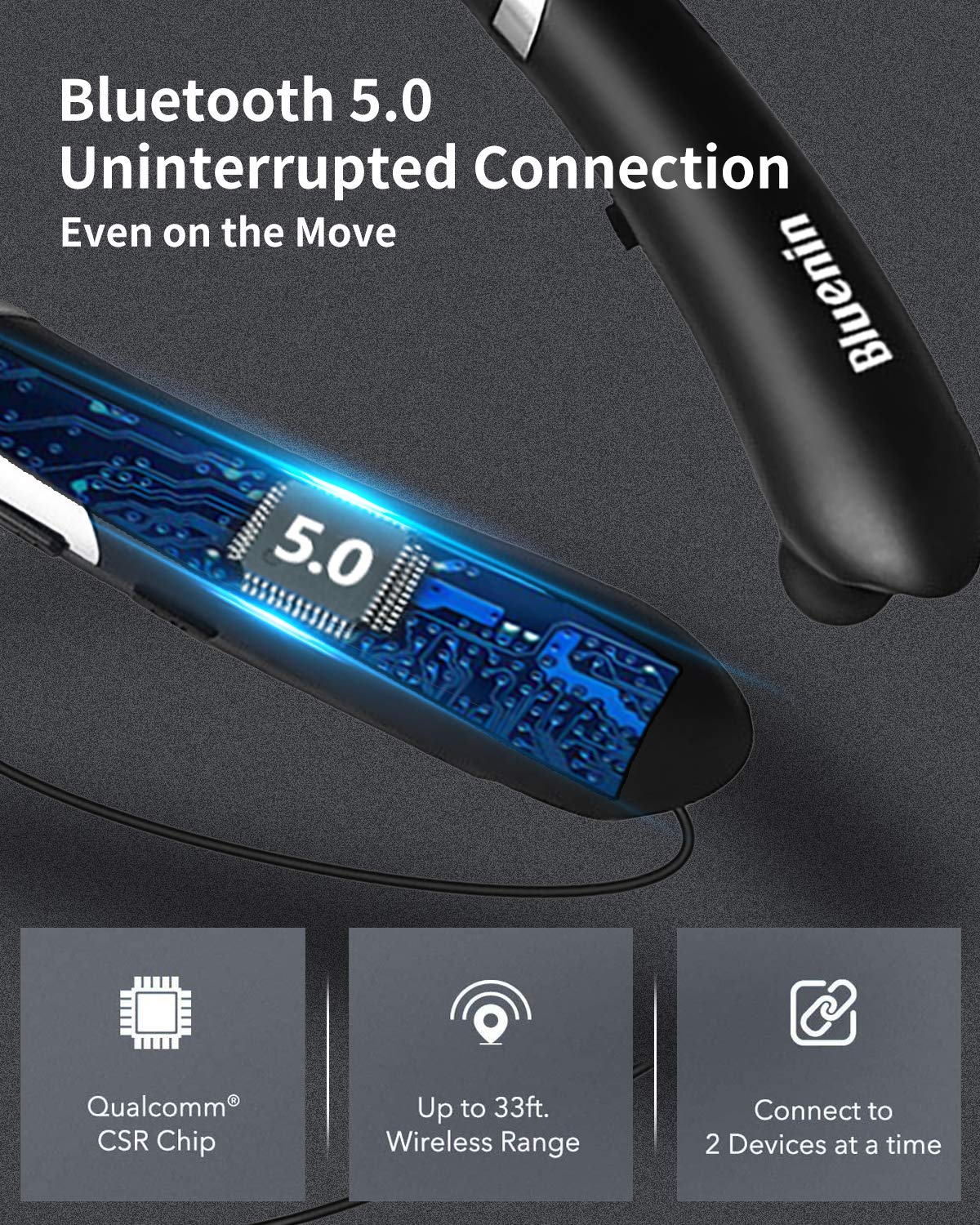 Bluenin Bluetooth Headphones, Bluetooth Neckband Wireless Headphones Bluetooth 5.0 Retractable Earbuds Stereo Headset CVC 8.0 Noise Cancelling Call Vibrate Alert Earphones with Mic (Black)