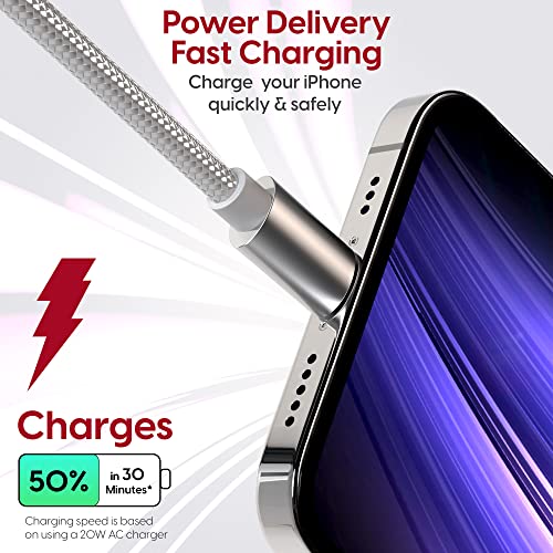 TALK WORKS USB C to Lightning Cable Charger Compatible w/iPhone 14/14 Plus/14 Pro/14 Pro Max, 13/13 Mini/13 Pro/13 Pro Max, 12/12 Mini/12 Pro/12 Pro Max, iPad-10' Braided Cord-MFI Certified (Silver)