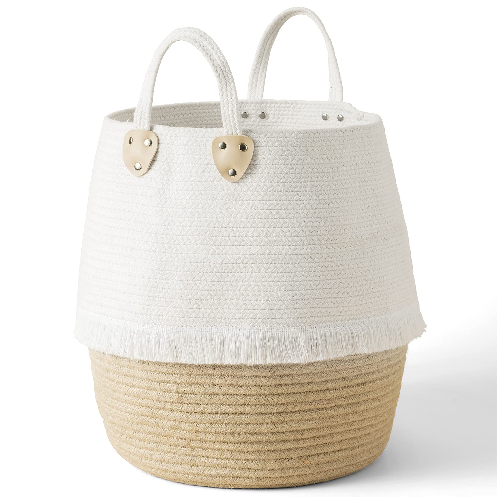 LA JOLIE MUSE Woven Blanket Basket Living Room, Decorative Nursery Laundry Hamper for Clothing Plant Toys Storage, Large Cotton Rope Basket with Jute, 16”15”12”,Off White & Jute
