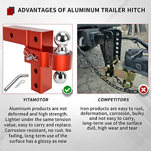 YITAMOTOR Adjustable Trailer Hitch, Fits 2-Inch Receiver, 6-Inch Drop Hitch, Aluminum Tow Hitch, Ball Mount, 2 and 2-5/16 inch Combo Stainless Steel Tow Balls with Double Pins, Red