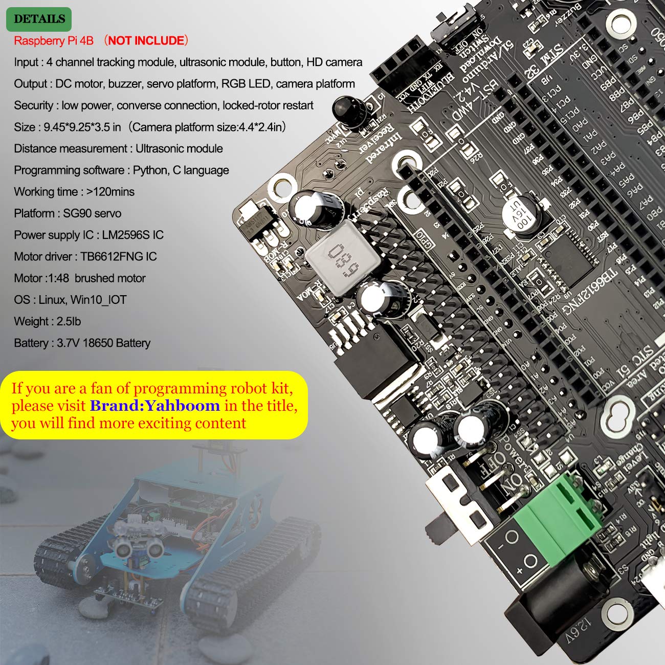 Yahboom AI Robot Kit Tank Chassis for Raspberry Pi 4B Camera Starter Kit Python Programmable Electronic Science Project DIY Smart Car Robotics for 16+ (Without Pi 4B)