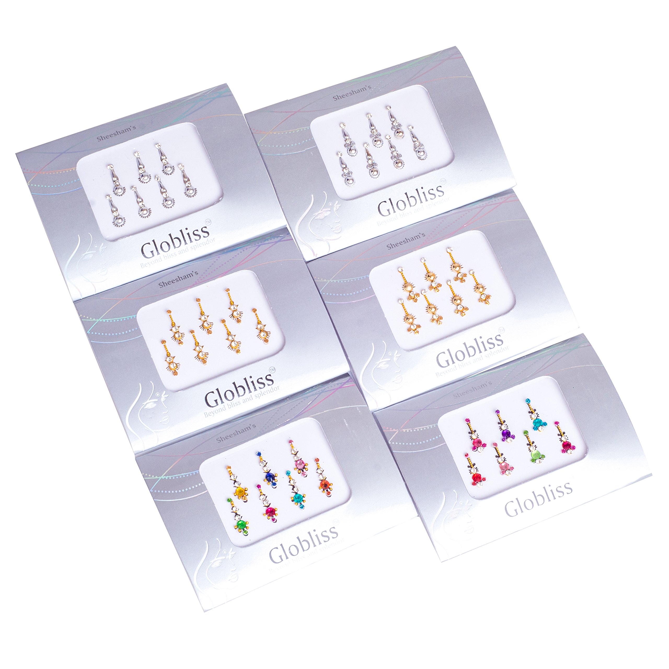 Globliss 6 Packs with 42 Long Indian Bindis face Gems Forehead Sticker Silver Golden Colorful