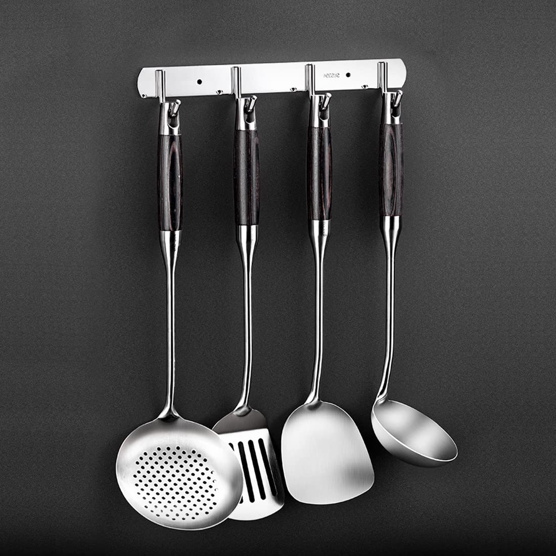 304 Stainless Steel kitchen utensils set 4 Pcs Cooking Utensil, Spatula,Soup spoon,Leaking shovel,Colander Heat Resistant Wooden Handle Kitchen Tools (Black4T)
