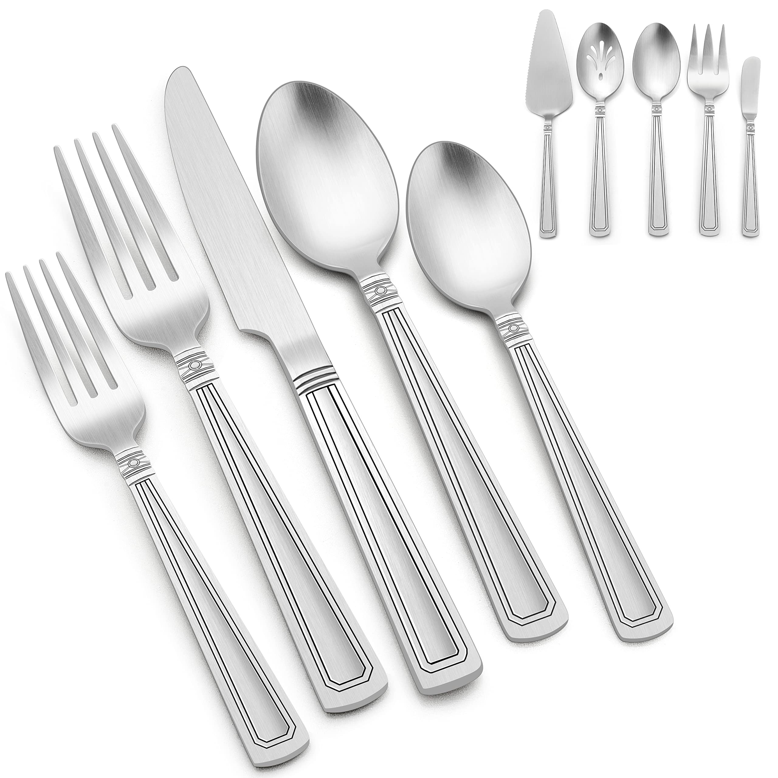 35-Piece Heavy Duty Silverware Set, E-far Stainless Steel Flatware Cutlery Set with Serving Utensils Service for 6, Antique Metal Tableware Eating Utensils for Kitchen Restaurant, Dishwasher Safe