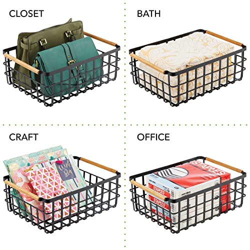 mDesign Metal Wire Storage Organizer Basket with Bamboo Wood Handles for Kitchen Pantry, Rustic Farmhouse Bin to Store Fruit, Coffee, Spices, Supplies, Yami Collection, 2 Pack, Matte Black/Natural/Tan