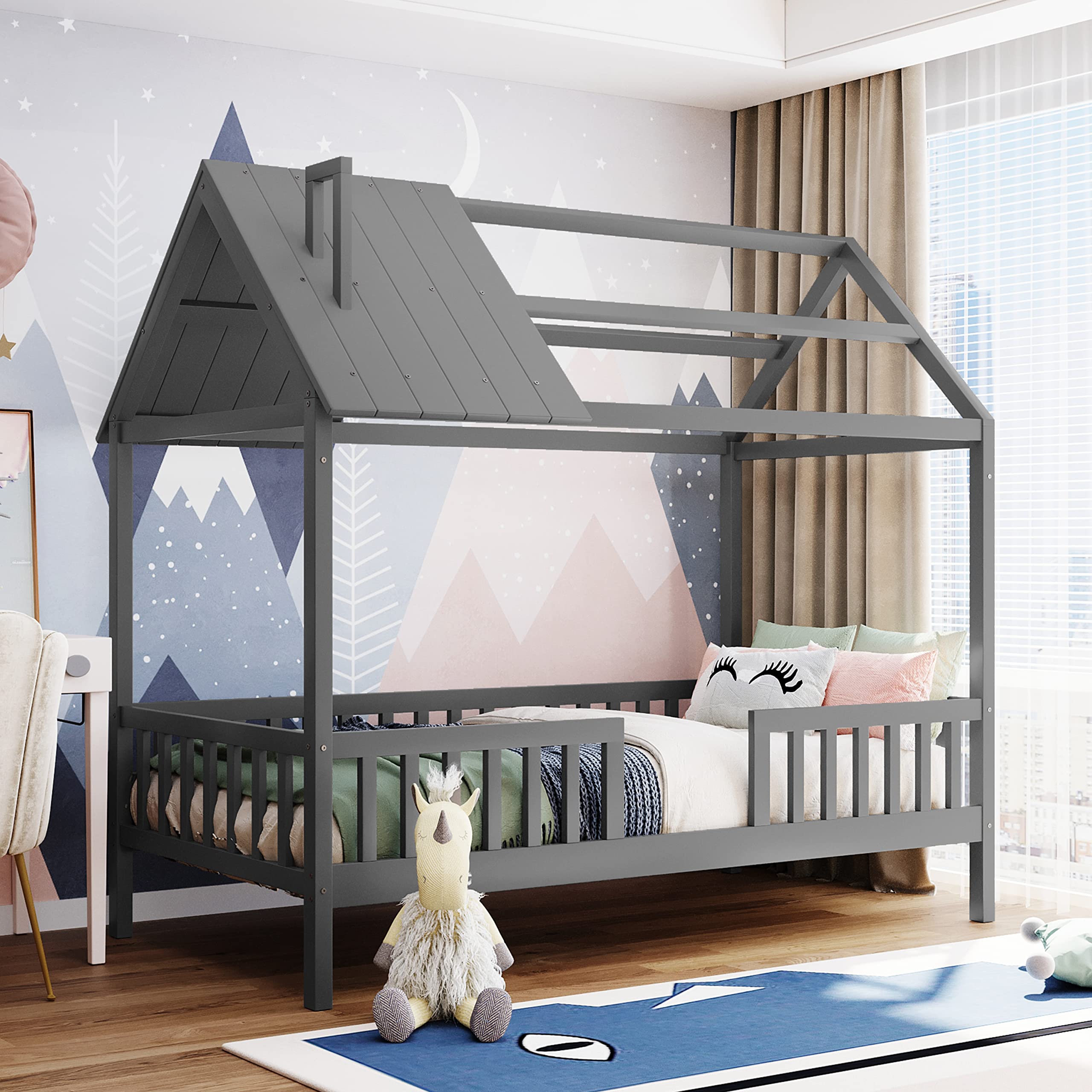 Bellemave Twin House Bed Kids Montessori Beds Playhouse Bed Tent Bed, Solid Wood Platform Bed Frame with Fence and Roof for Kids Teens Girls Boys (Gray), Gray (Roof)