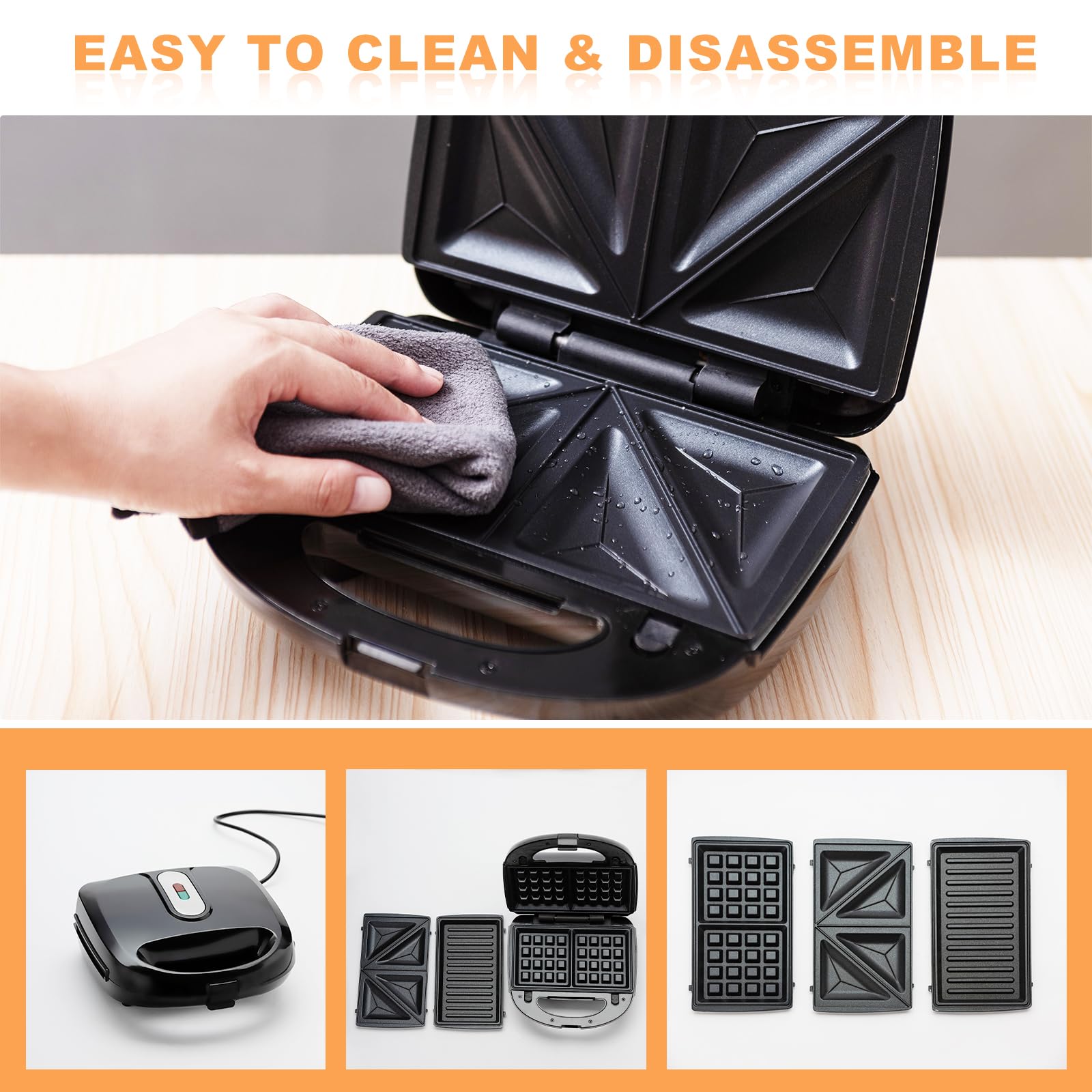 AAYUJUP Waffle Iron Sandwich Maker:3 In 1 Mini Waffle Maker With Removable Plates Waffle Irons Non-Stick Waffle Cone Maker Waffle Machine For Waffle Grill Sandwich