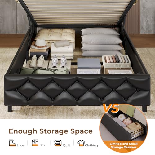 ADORNEVE Lift Up Storage Bed Frame Twin Size with LED Lights Headboard and Charging Station, Upholstered Storage Headboard, Hydraulic Storage, Solid Wood Slats Support, Noise-Free, PU Black