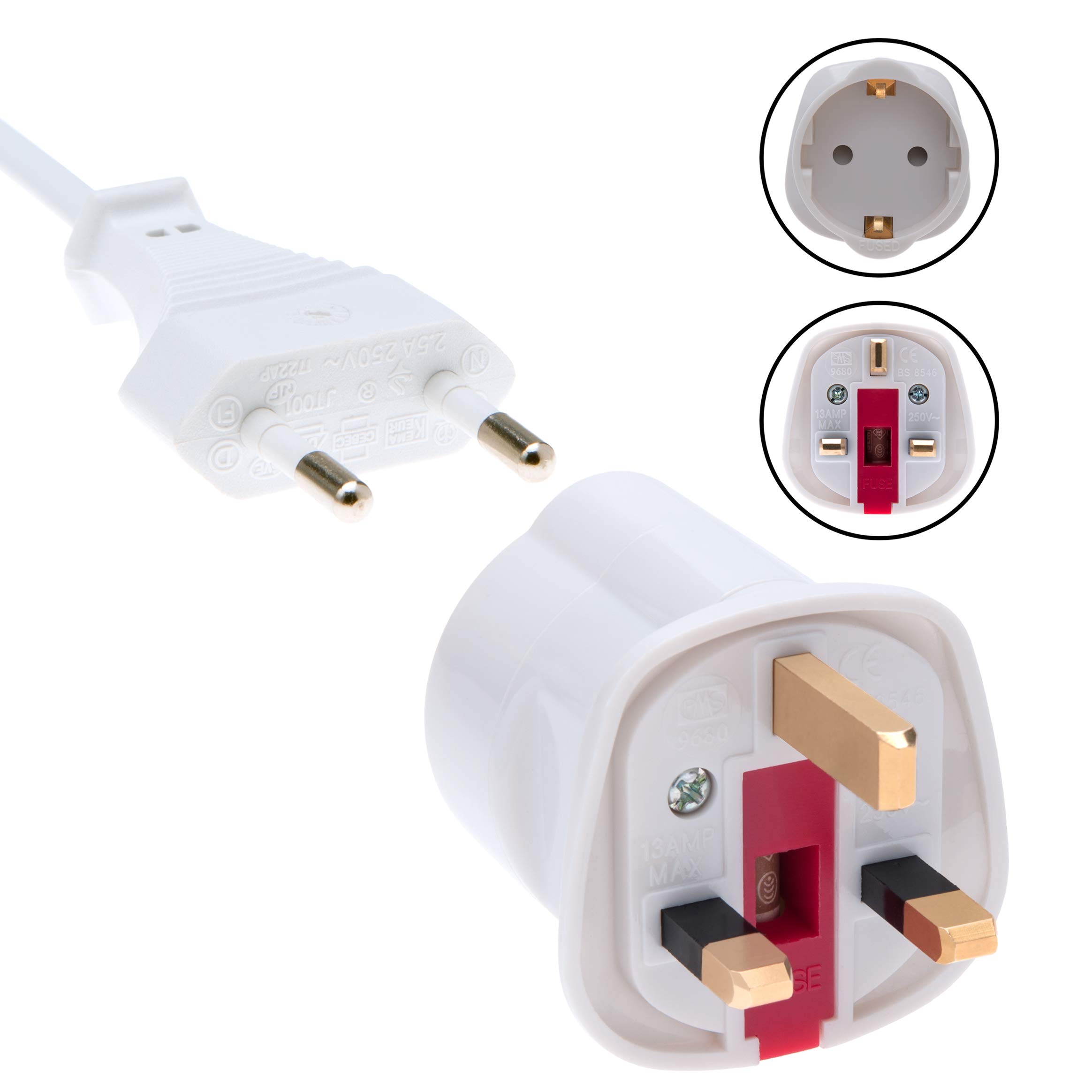 EU to UK Adapter Schuko Euro Socket 2 Pin to 13 Amp 3 Pin Plug Type C to Type G | International Universal European Europe Travel Adaptor Adopter | for Mobile Phone Tablet Laptop | 1 x White