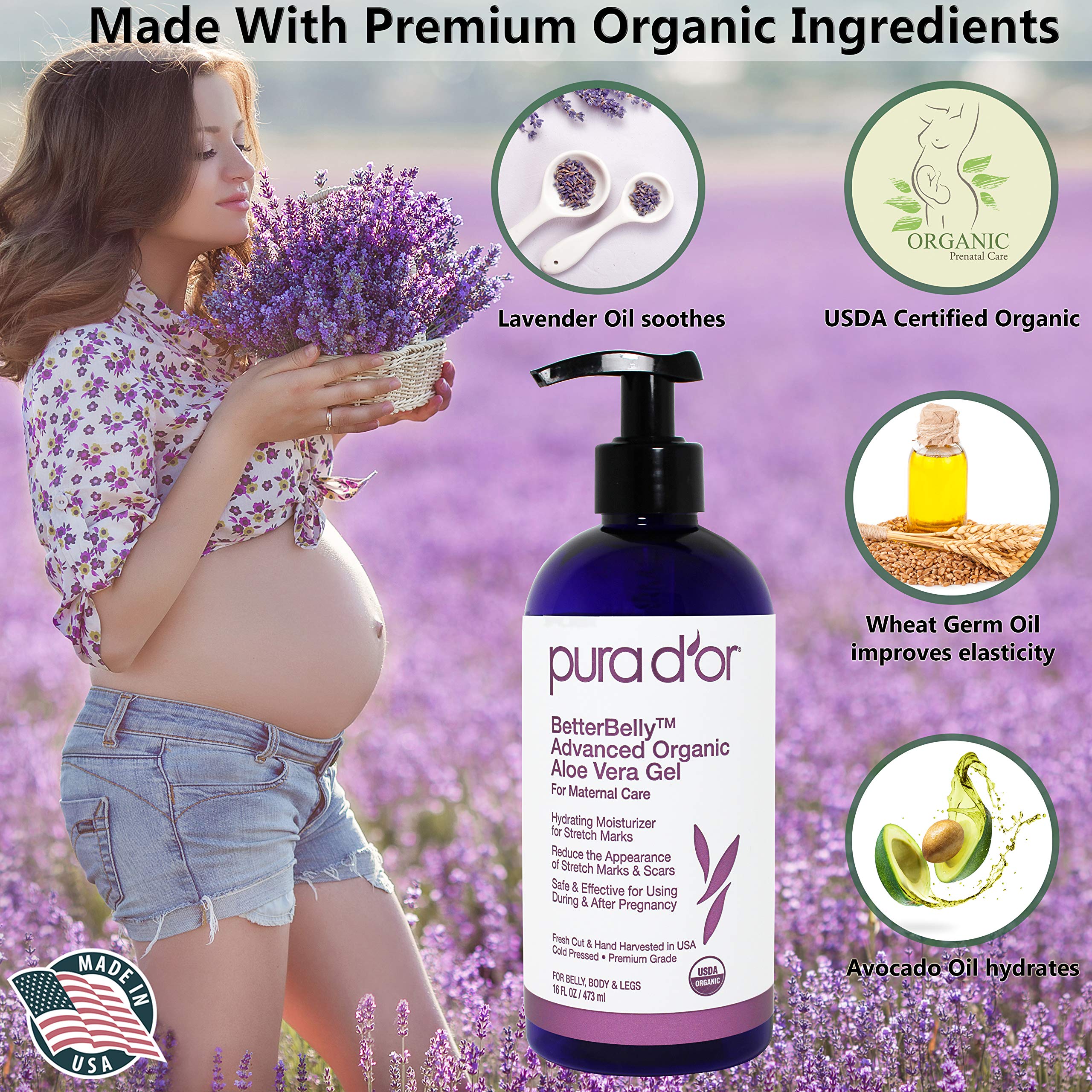 PURA D'OR BetterBelly Advanced Organic Aloe Vera Gel (16 fl oz / 473 mL) For Maternal Care - Hydrating Moisturizer, Reduces Appearance of Scars & Stretch Marks - For Belly, Body, and Legs