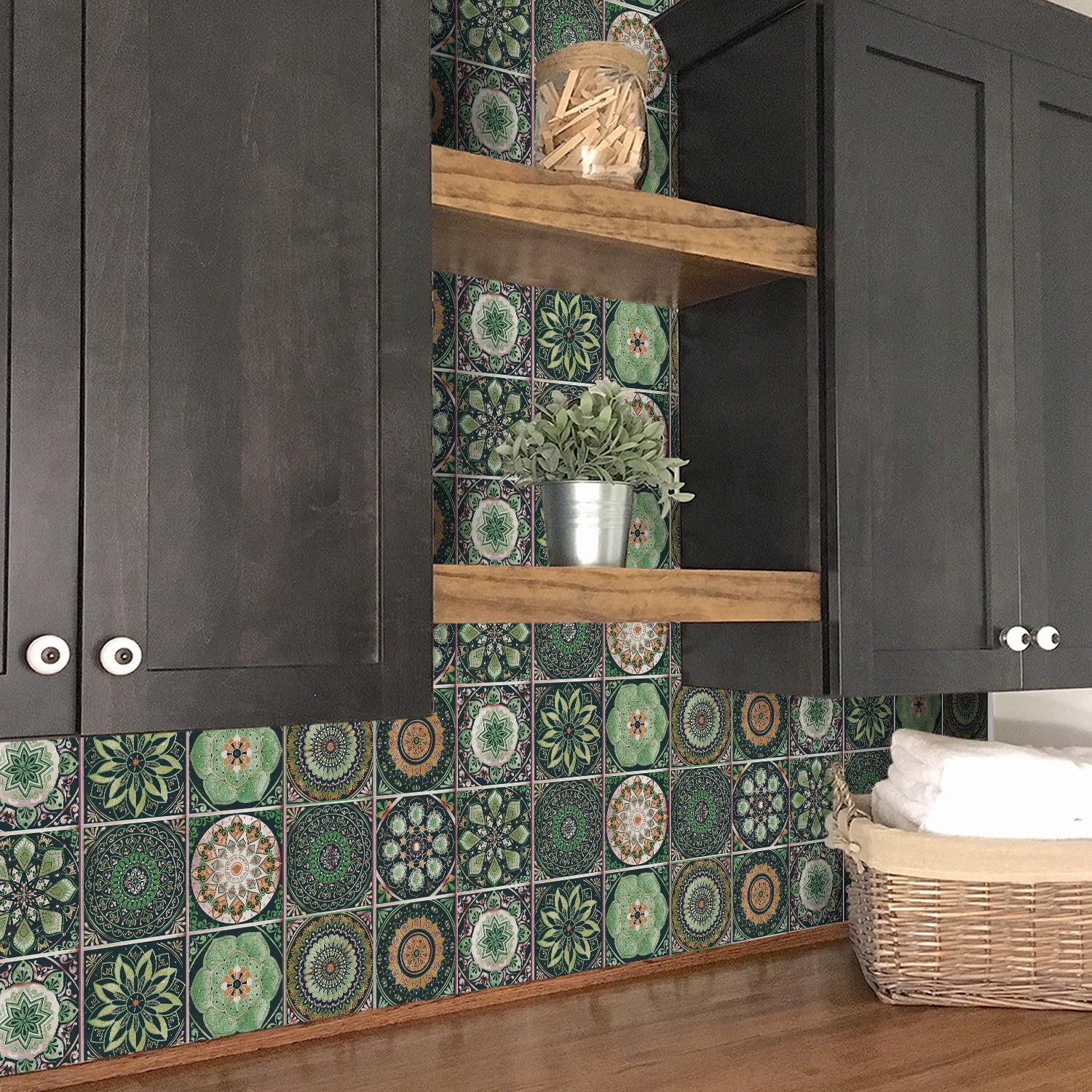 Adreamer90 Mandala Moroccan Wallpaper Tile Stickers 5.91 * 5.91 in Peel and Stick,Removable Talavera Decor 2D Wall Tile Decals for Kitchen Bathroom Laundry Stair Fireplace Art Decor Tiles