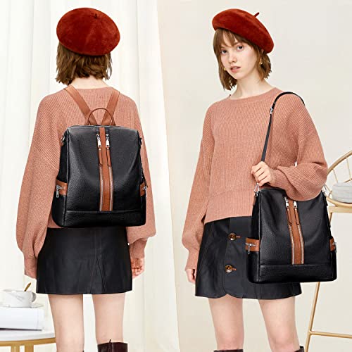 ALTOSY Genuine Leather Backpack Purse for Women Convertible Shoulder Bag Crossbody Bag with Laptop Compartment(S77 Black/Brown)