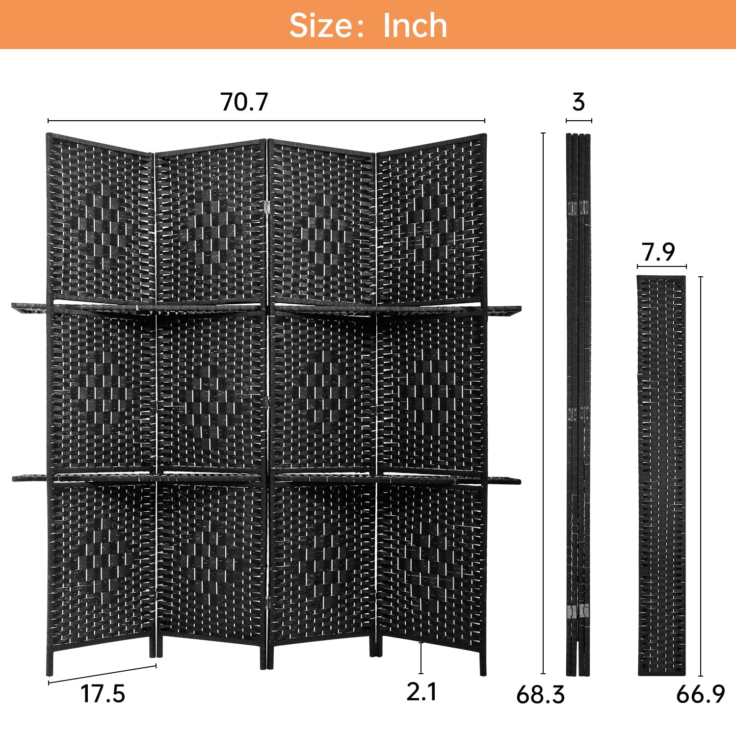 4-Panel Room Diviver Privacy Screen,Wooden Screen Folding Portable Partition Screen with Removable Storage Shelves,Indoor Partition Wall Dividers Freestanding Partition Screens for Home Office(Black)