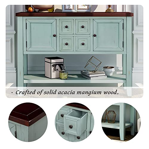 Knocbel Vintage Wood Console Table Buffet Sideboard with 4 Storage Drawers, 2 Cabinets & Bottom Shelf, Entryway Hallway Foyer Table Cupboard Coffee Bar Cabinet, 46" L x 15" W x 34" H (Antique Blue)