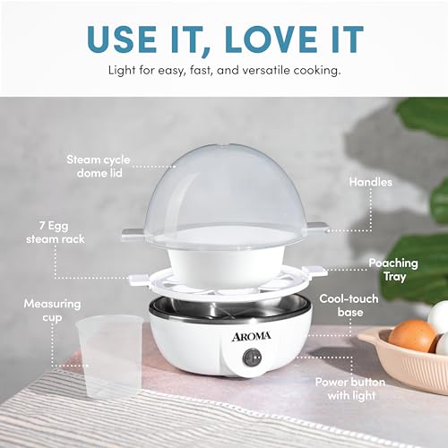AROMA® Overly Easy Egg Cooker, Steamer, and Electric Egg Poacher | XL Capacity Egg Steamer Fits 7 Eggs