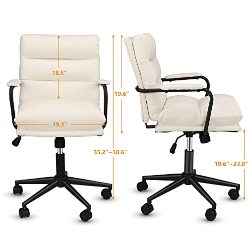 AMERROBIL White Home Office Desk Chair with Wheels/Armrests, Modern PU Leather Vanity Chair Midback Adjustable Home Computer Chair for Living Room, Bedroom, Office, Vanity and Study