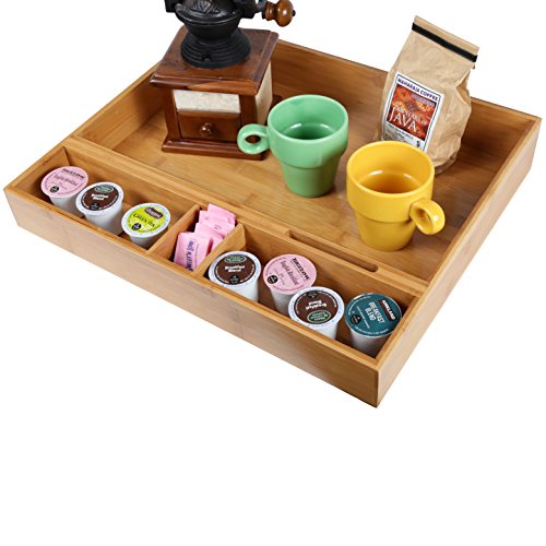 Creative Home Natural Bamboo Multipurpose Organizer Coffee Machine Accessories Storage Tray, 18.3" x 15" x 3" H, Natural Finish