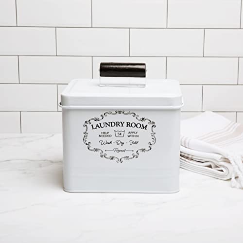 Nine Royal Laundry Detergent Container - Dryer Sheet Holder- Laundry Room Storage Box- Farmhouse Laundry Room Decor, Vintage Style - Metal Bin with Retro Lettering sign, Distressed Finish
