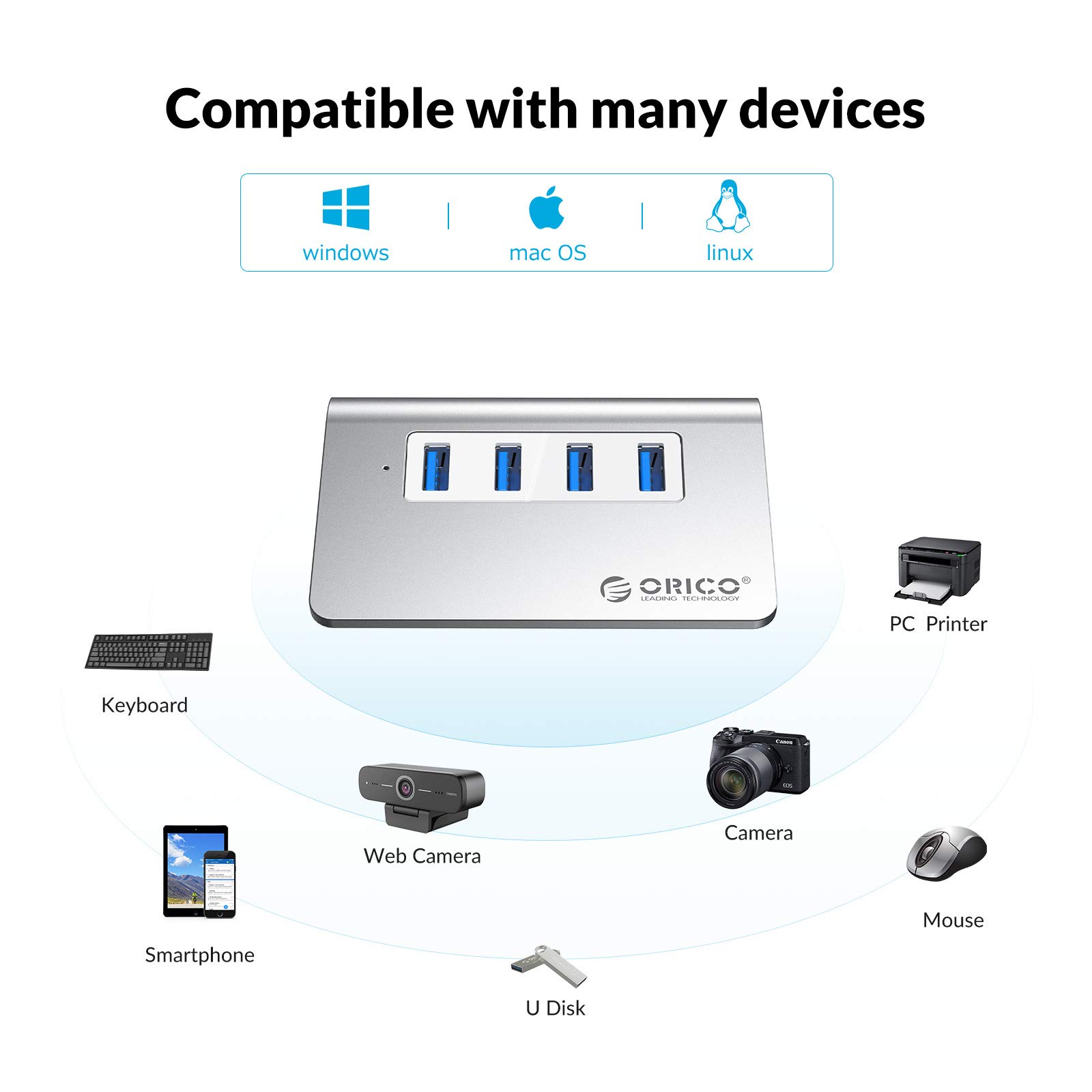 4-Port USB 3.0 Hub ORICO Aluminum USB Hub with 3.3ft Extend Cable, Portable Data Hub for MacBook, Mac Pro/Mini, iMac, XPS, Surface Pro, Notebook PC, USB Flash Drives, Mobile HDD