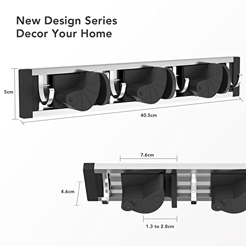 KINGTOP Broom Mop Holder Wall Mount Sturdy Space Aluminum Broom Organizer Rack with Hooks Great for Home Pantry, Kitchen, Garden,Garage & Laundry Tool Storage (3 Racks 4 Hooks Black)