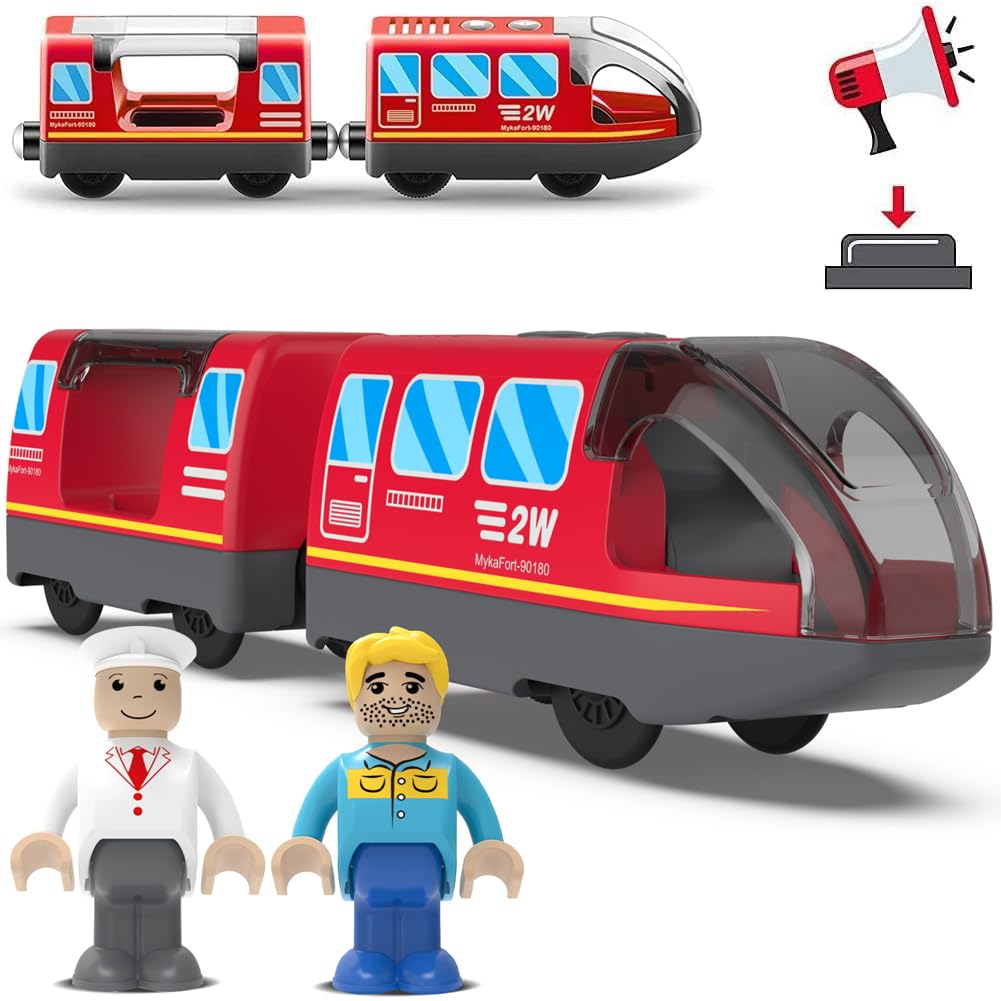 Battery Operated Train Set for Wooden Train Track (w/Sound & Magnetic Connection), Powerful Engine Red Action Locomotive Train Set Compatible with Thomas, Brio, Chuggington - Train Toys for Toddlers