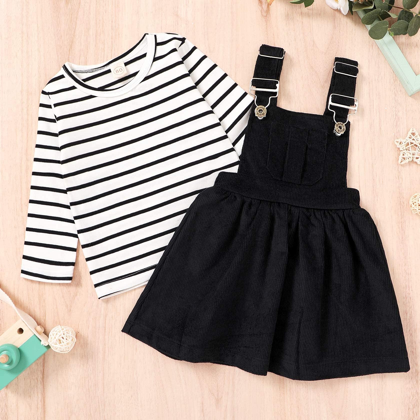 YOUNGER TREE Toddler Baby Girl Fall Outfit Long Sleeve Stripe T-shirt and Strap Dress Overall with One Pocket Clothes Sets (Black, 18-24 Months)