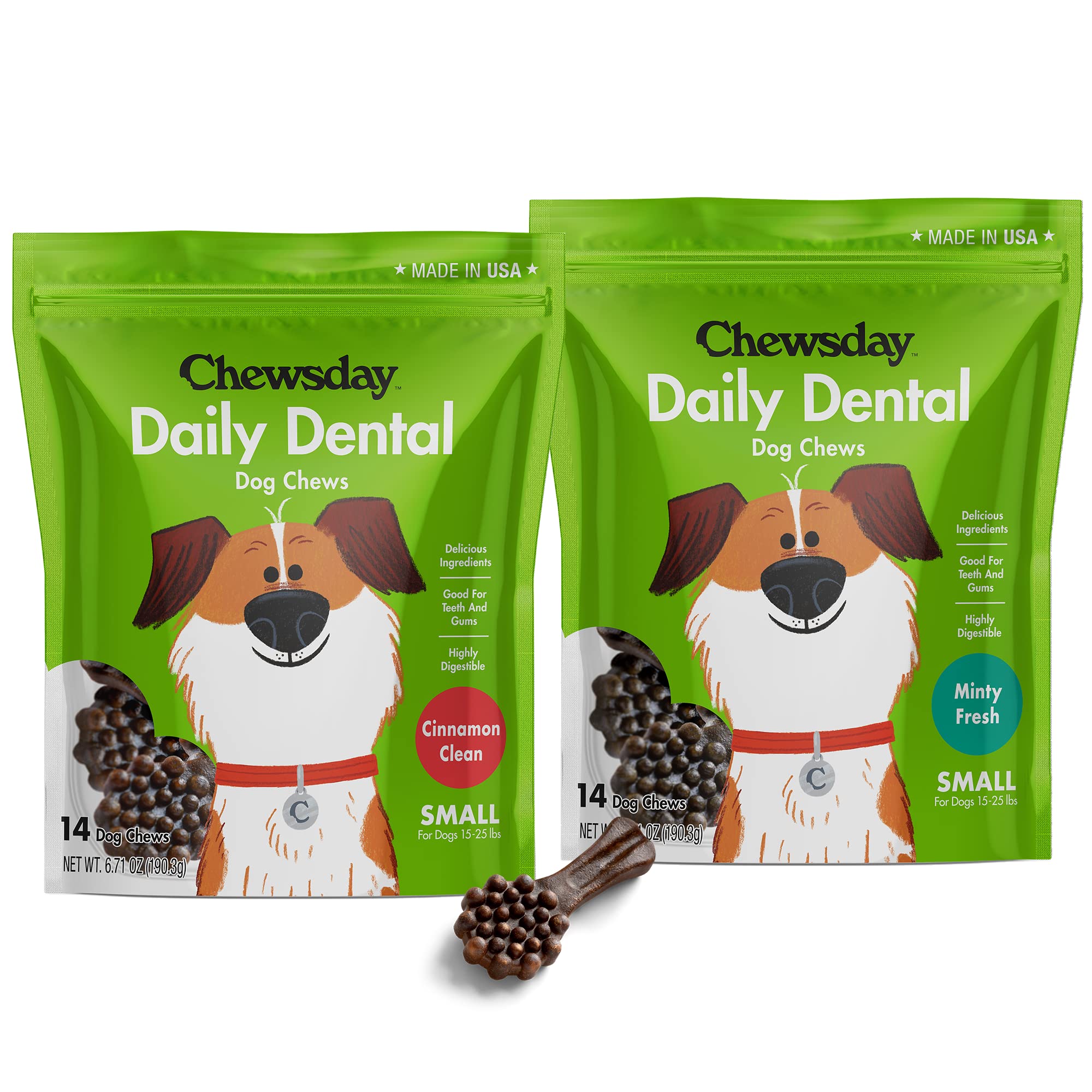 Chewsday Small Daily Dental Dog Chews, Minty Fresh and Cinnamon Clean, Made in The USA, Natural Highly-Digestible Oral Health Treats for Healthy Gums and Teeth