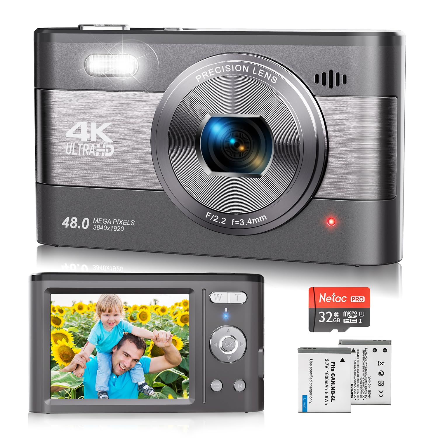 4K Digital Camera, 48MP Vlogging Camera for Photography YouTube Compact Travel Camera with Flash,18X Digital Zoom, Anti Shake 32G SD Card and 2 Batteries