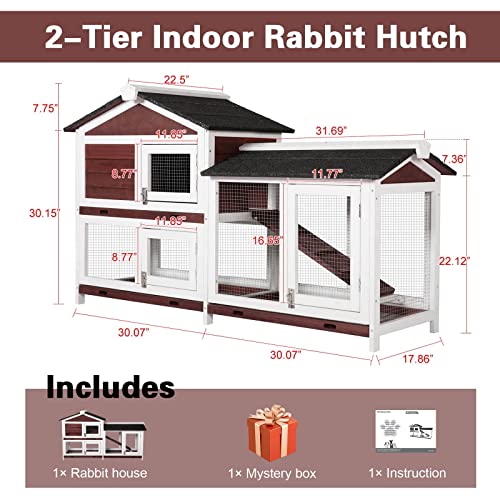 Kinpaw Rabbit Hutch 61inches Indoor Rabbit Cage Small Animal House for Chicken with Removable Trays Ramp Run Red