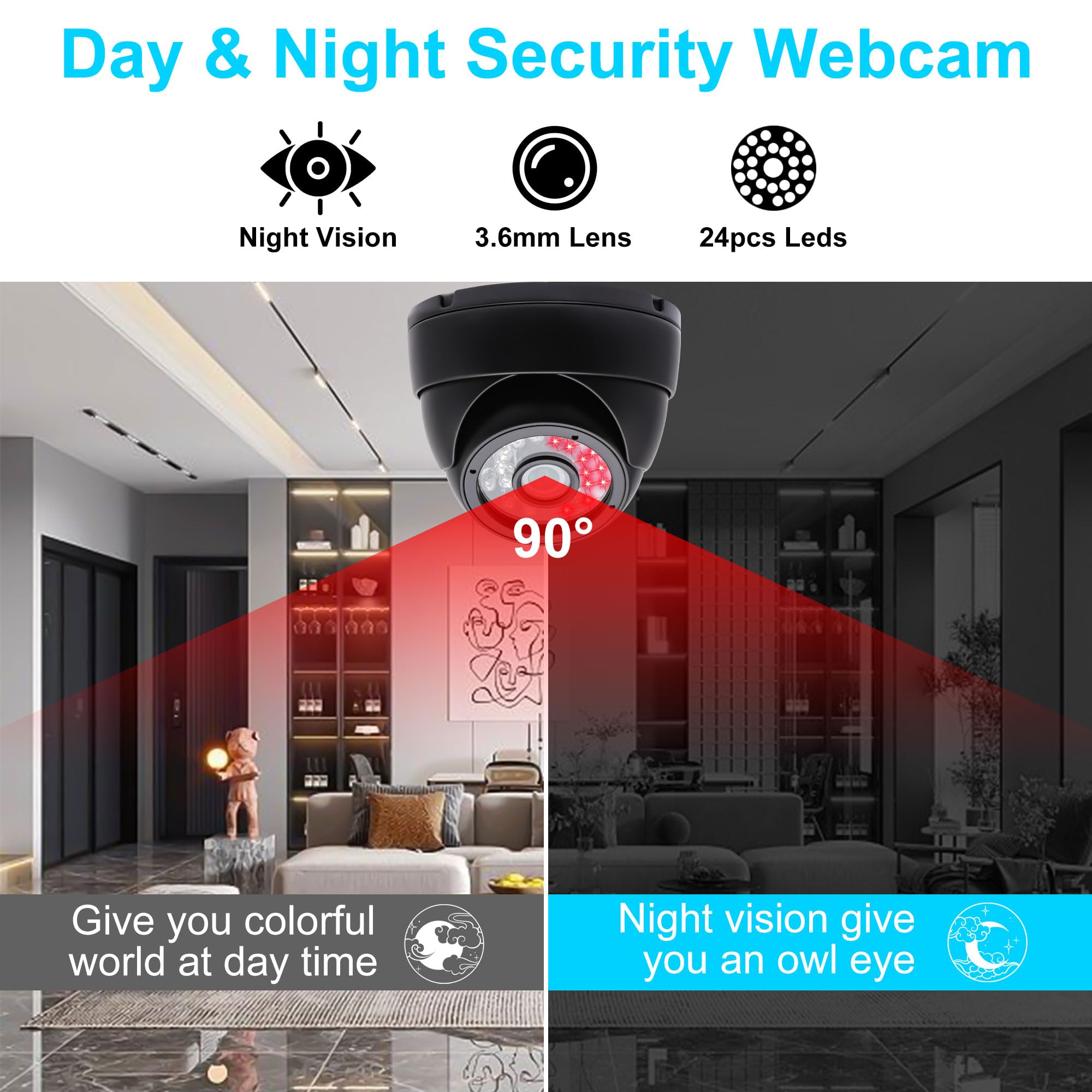Hotpet 2MP USB Camera H.264 1080P Webcam Day Night Vision Indoor Outdoor Dome Camera 0.01LUX Low Illumination Home Security Camera with 24pcs IR LED for Windows Mac Linux Android