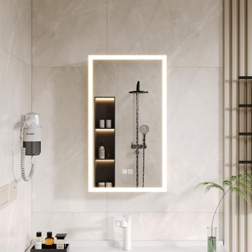 Seenvlog Bathroom Medicine Cabinet with Lights, 15.7" x 27.5" LED Mirror Cabinet, 3-Color Temp, Black Bathroom Storage Cabinet Anti-Fog, Wall Mount