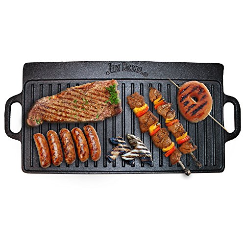 Jim Beam Skillet Pre Seasoned Heavy Duty Construction Double Sided Cast Iron Griddle Pan with Superior Heat Retention, 20"x1"x9", Large, Black,BBQ168