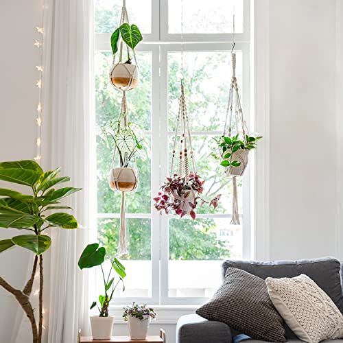 Mkono Macrame Plant Hanger Set of 5 Indoor Wall Hanging Planter Basket Flower Pot Holder Boho Home Decor Gift Box