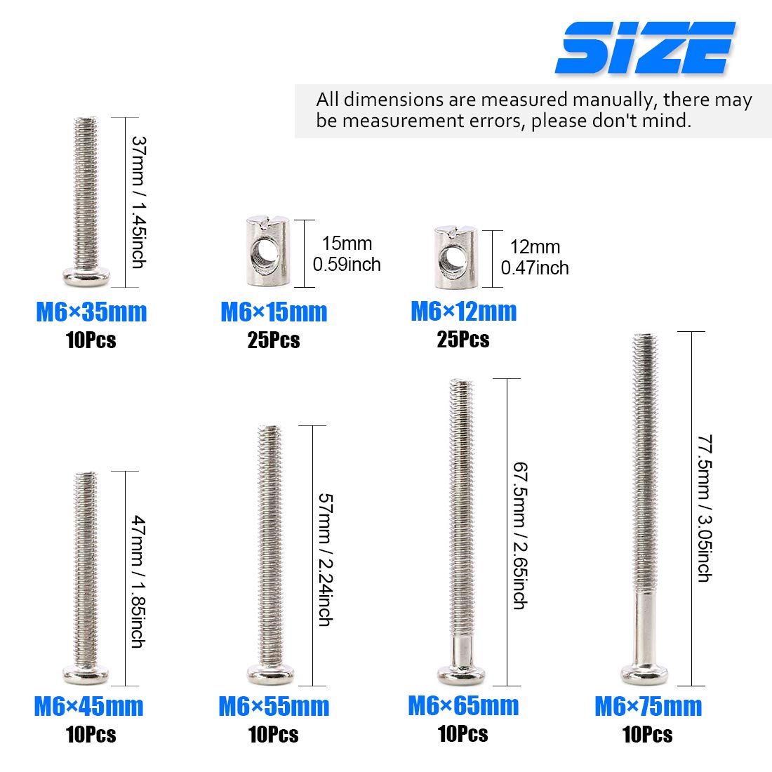 Glarks 100Pcs M6 x 35/45/55/65/75mm Hex Drive Socket Cap Furniture Barrel Screws Bolt Nuts Assortment Kit for Furniture, Cots, Babybeds, Crib, Chairs - Nickel Plated