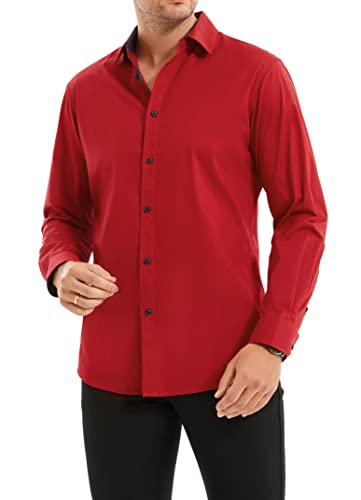 Alex Vando Mens Dress Shirts Regular Fit Long Sleeve Stretch Business Dress Shirts for Men,Red,Large