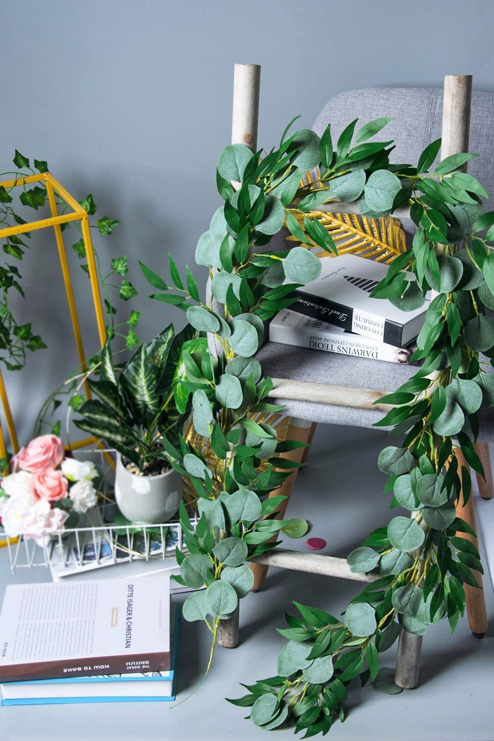 4 Pcs 6.5 Feet Artificial Silver Dollar Eucalyptus Leaves Garland with Willow Vines Twigs Leaves String for Doorways Greenery Garland Table Runner Garland Indoor Outdoor.