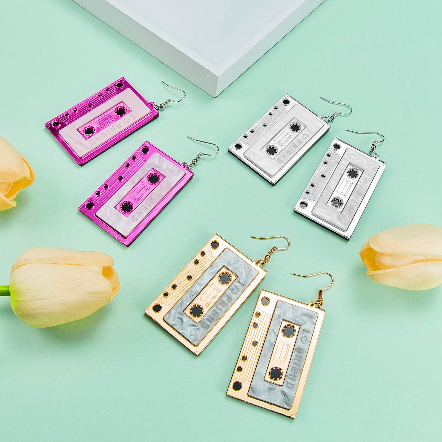 3 Pairs 80s Cassette Tape Earrings Retro Tape Dangle Earrings Funny Drop Earrings for Women Accessories