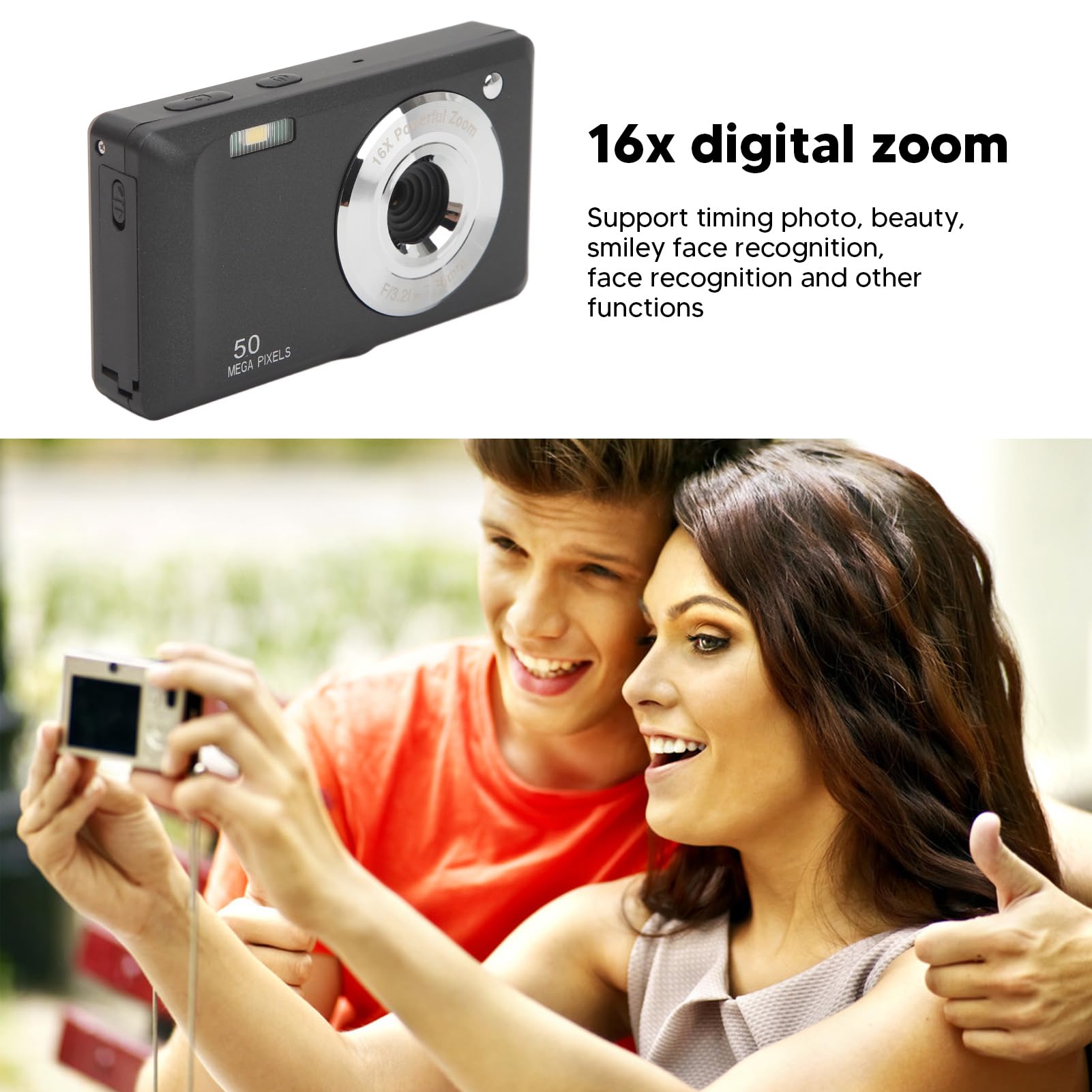 4K Digital Camera, 50MP 16X Zoom Point and Shoot Camera with Autofocus & Timer Shooting, Anti Shake Digital Video Camera for Kids Teens Students, Work with Tripod & Selfie Stick