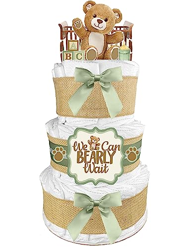 Teddy Bear Diaper Cake - Gender Neutral Baby Gift - Sage Green, 62 Count