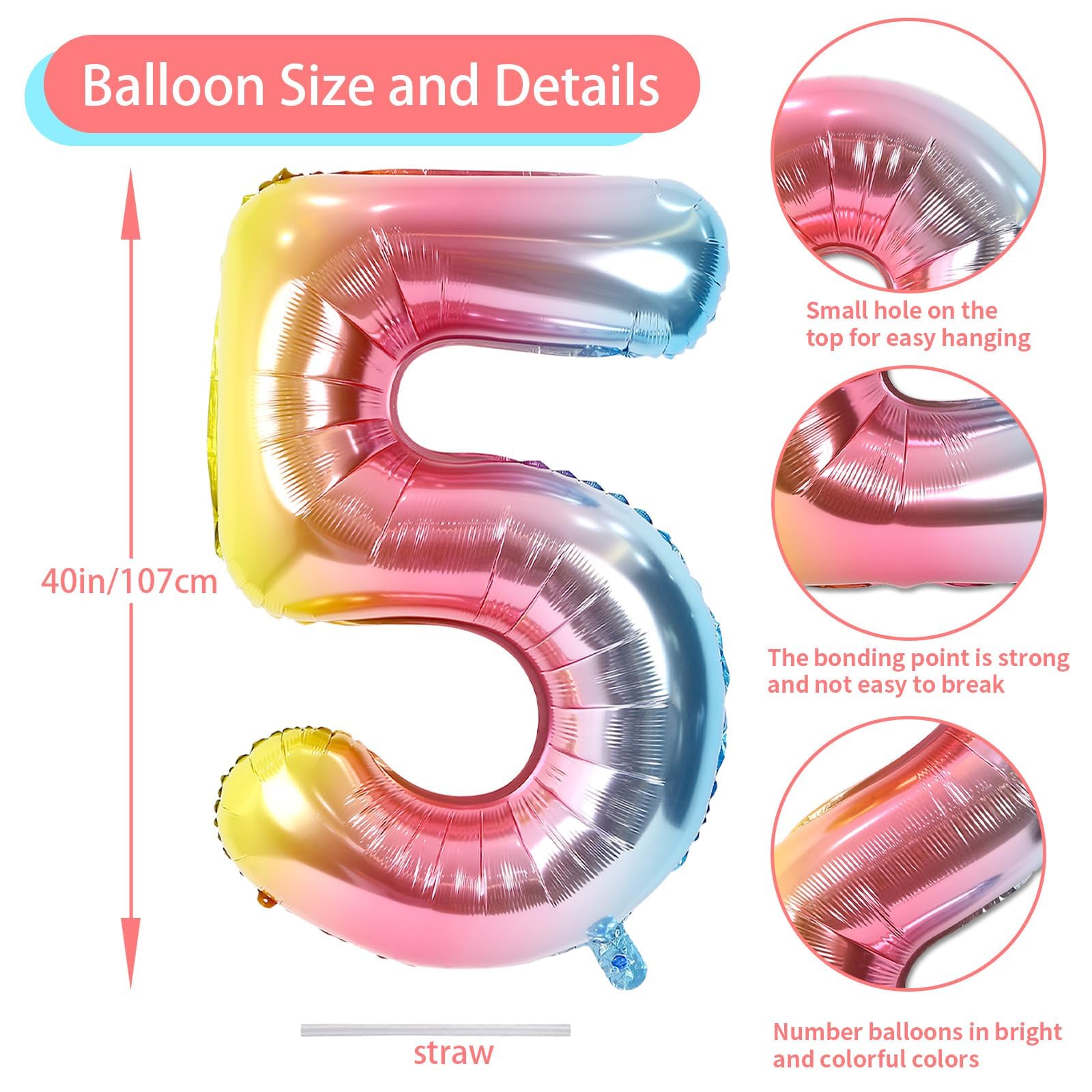 Rainbow Number 5 Balloons, 5th Birthday Balloon, 40inch Gradient 5 Balloon Numbers, Large Self Inflating Foil Balloon, 5th Birthday Decorations for Kids Birthday Party, 5 Anniversary Decorations