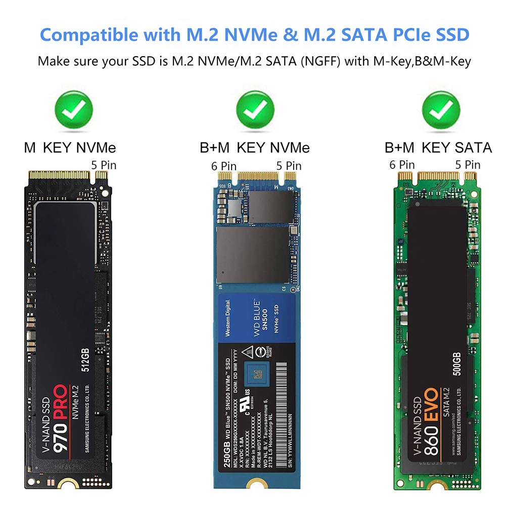 M.2 NVMe SATA SSD Enclosure Adapter Tool-Free, USB 3.2 Gen2 10Gbps External NVMe to USB PCI-E 6Gbps SATA M-Key / B+M Key, NVMe Reader Support UASP Trim for SSDs 2230/2242/2260/2280